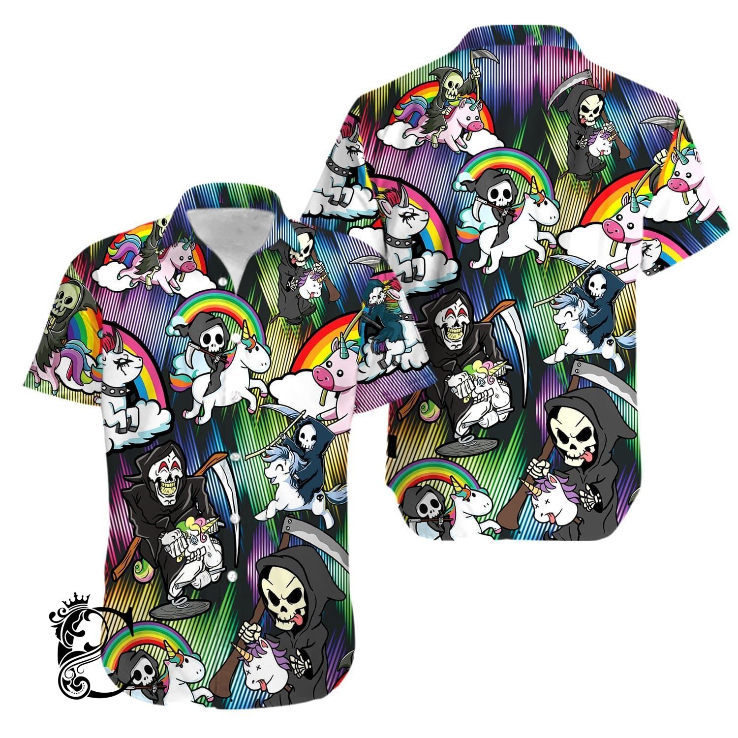 Hawaiian Aloha Shirts Grim Reaper Riding A Unicorn - PoshmarkStore
