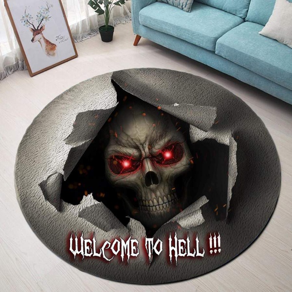 Welcome To Hell Devil Skull Round Rug - Themarketfarmer