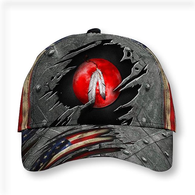Red Moon And Feathers 3D Print Hat Native Americans Tribes Cap Dad Hat ...