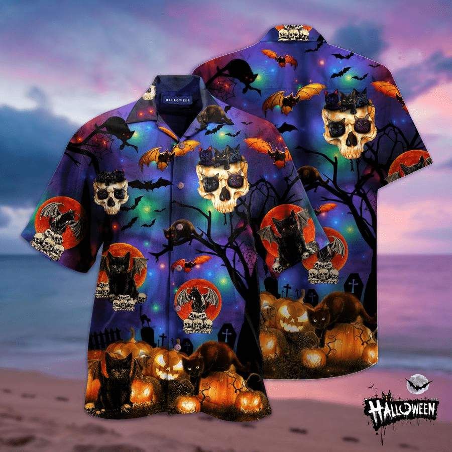 Hawaiian Aloha Shirts Halloween Skull Black Cat - Themarketfarmer