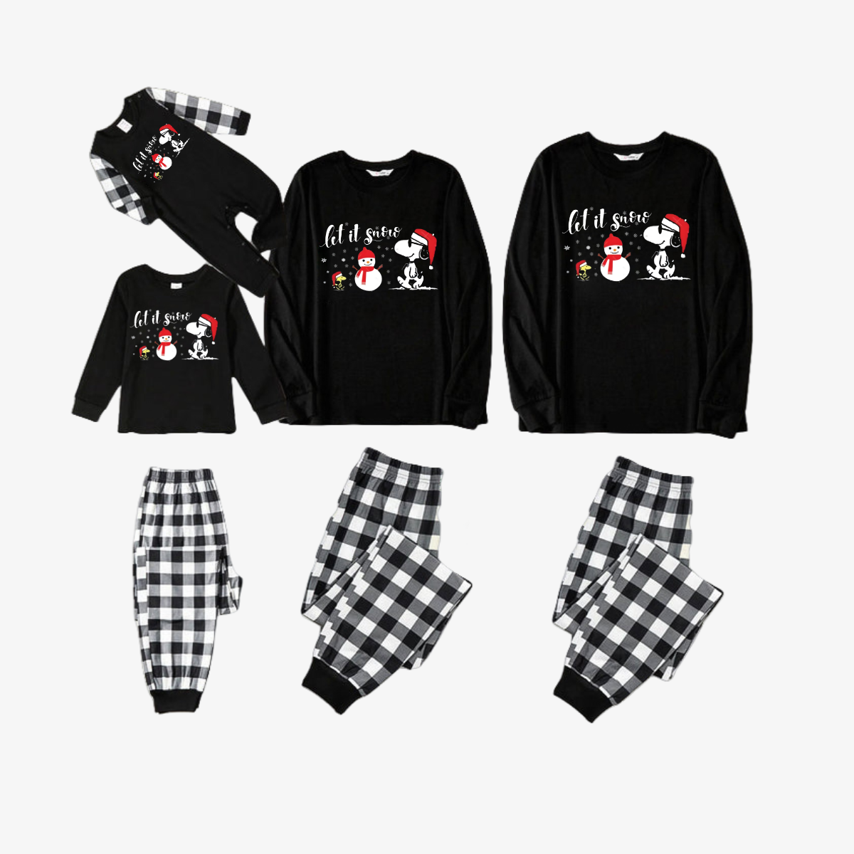 Let It Snow Slogan And Snoopy Printed Black&White Plaid Family Pajama ...