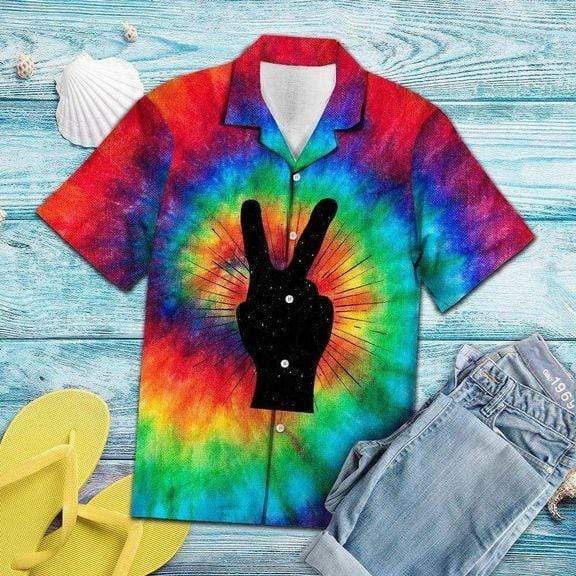 Tie-dye Peace Symbol V Sign Hippie Hawaiian Aloha Shirts #dh ...